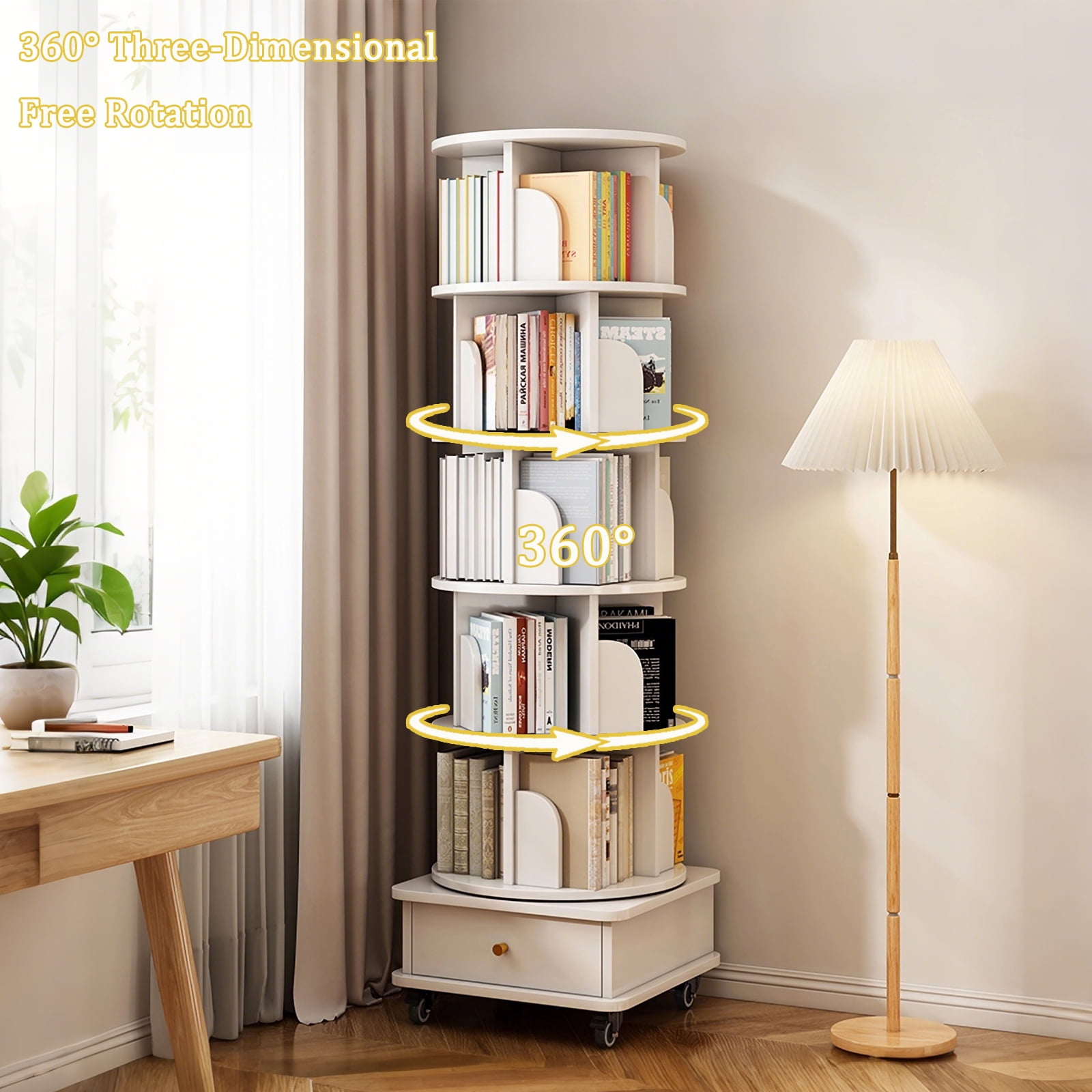 6 Tier Rotating Bookshelf, 360° Spinning Display Shelf with Wheels and ...