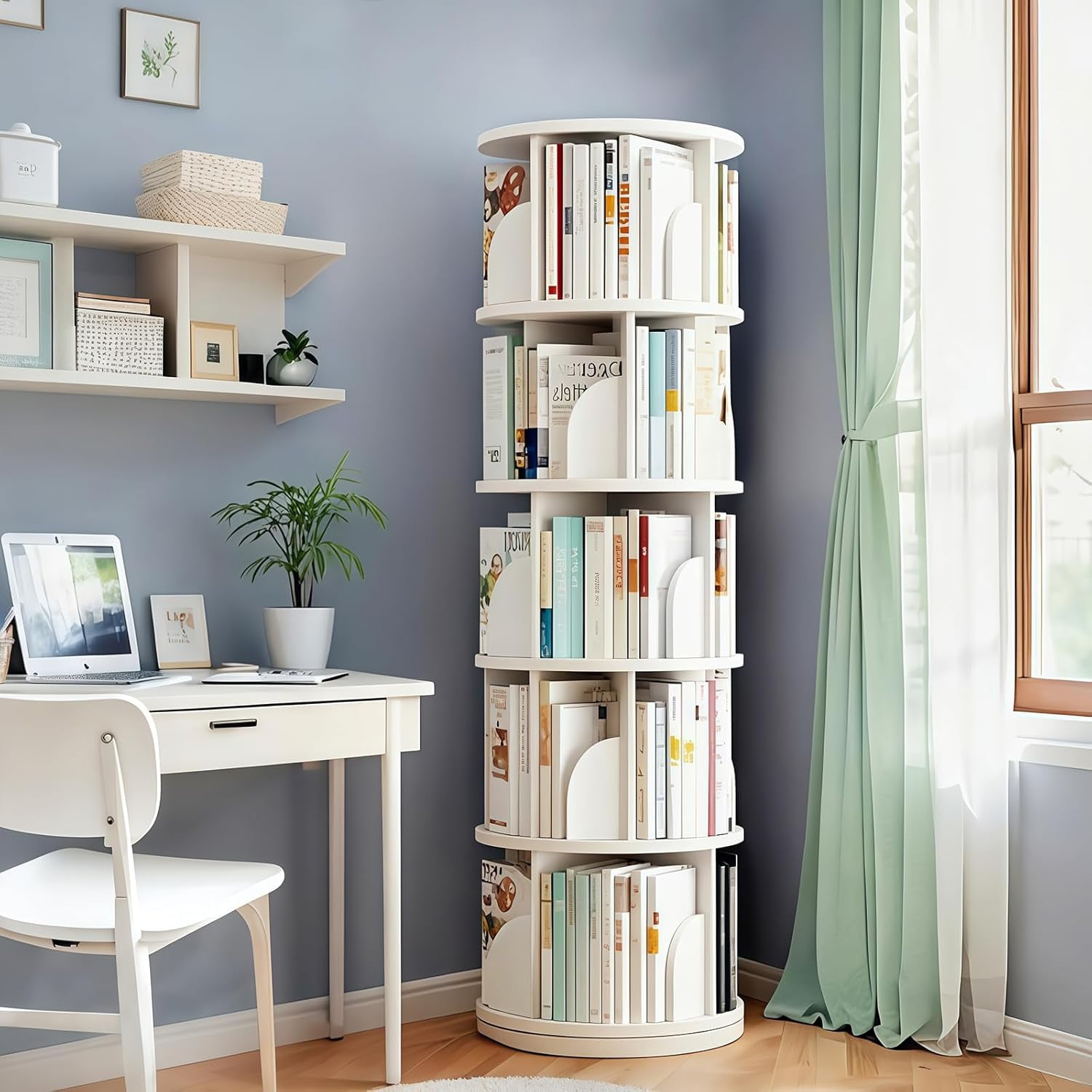 6 Tier Rotating Bookshelf with Drawer, 360° Display Round Spinning ...
