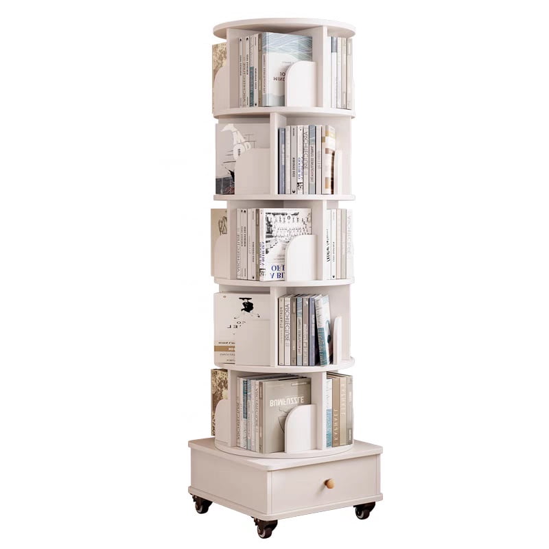 6 Tier Rotating Bookshelf with Drawers On Wheels, 360° Display Spinning ...
