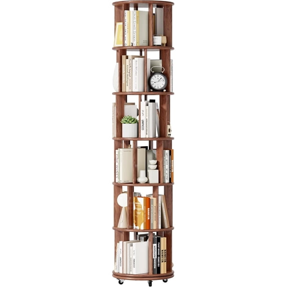 6 Tier Rotating Bookshelf Tower, 360° Revolving Bookcase with Wheels ...