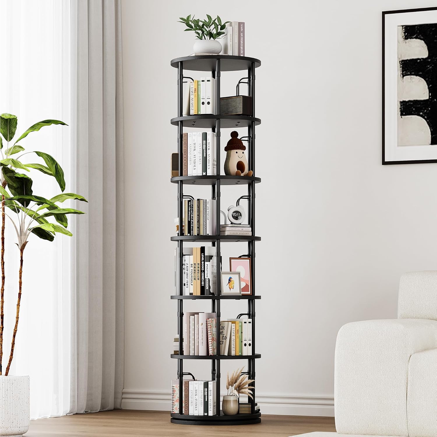 6 Tier Rotating Bookshelf Tower, 360° Spinning Bookcase, Vertical Floor ...