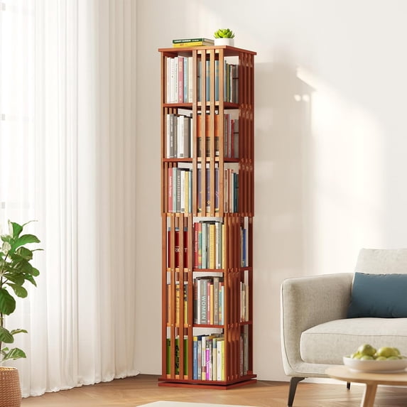 6 Tier Rotating Bookshelf Tower, Bamboo Spinning Book Shelf, Revolving ...