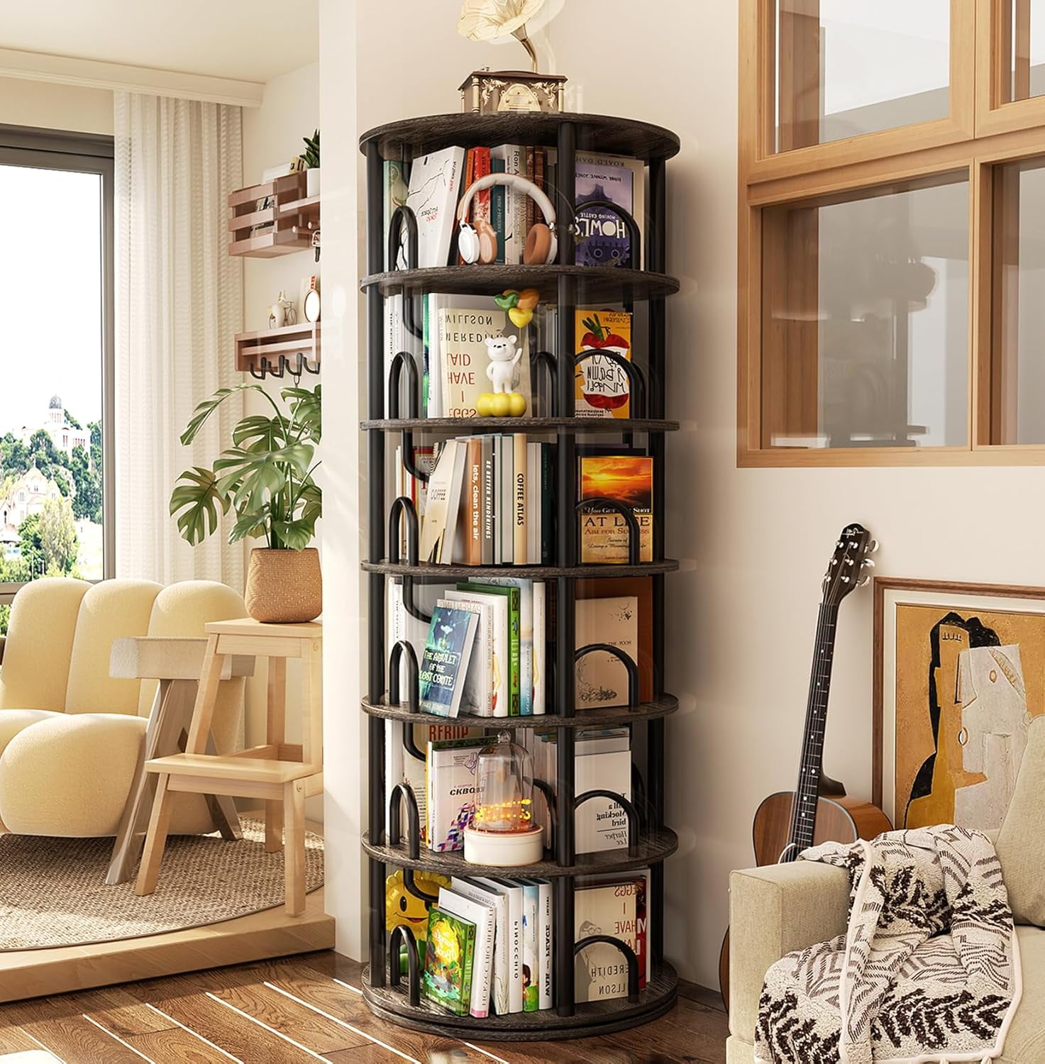 6 Tier Rotating Bookshelf Tower Revolving Bookcase 360° Round Spinning ...