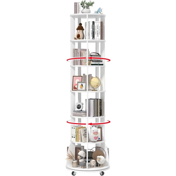 6 Tier Rotating Bookshelf Tower with Wheels, 360° Spinning Book Shelf ...
