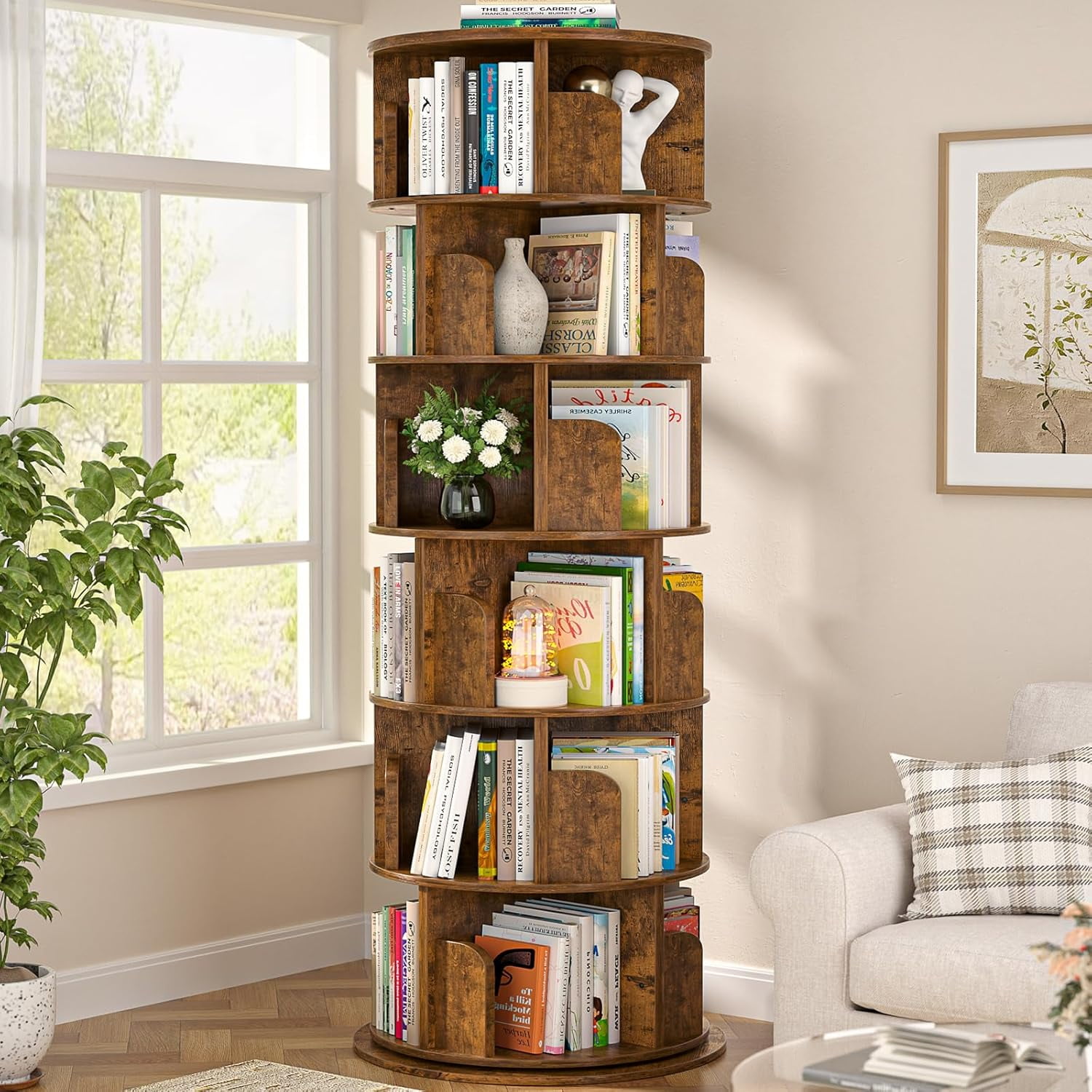6 Tier Rotating Bookshelf, Wood Spinning Bookshelf Tower, Round ...
