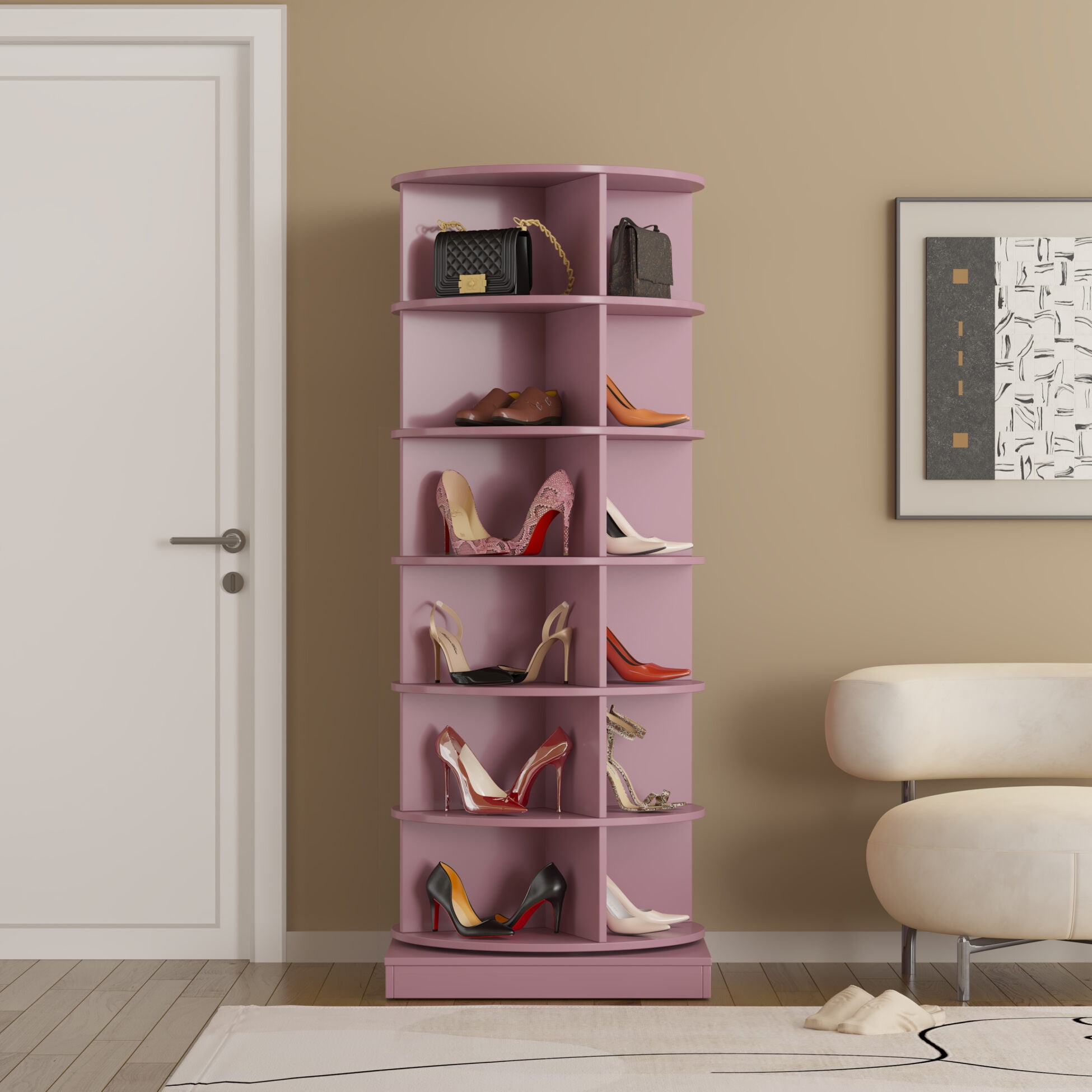6 Tier Rotating Shoe Rack Tower, Pink Spinning Shoe Rack, 360°Revolving ...
