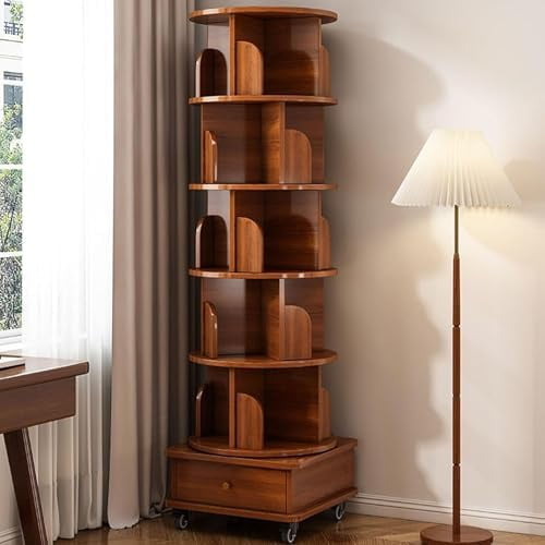 6-Tier Round Rotating Bookshelf with Storage Drawer, Mid-Century 360 ...