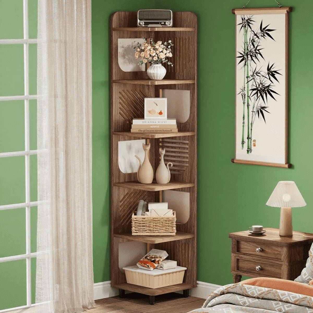 6-Tier Rustic Corner Bookshelf, Brown Finish with Hollowed-Out Details ...