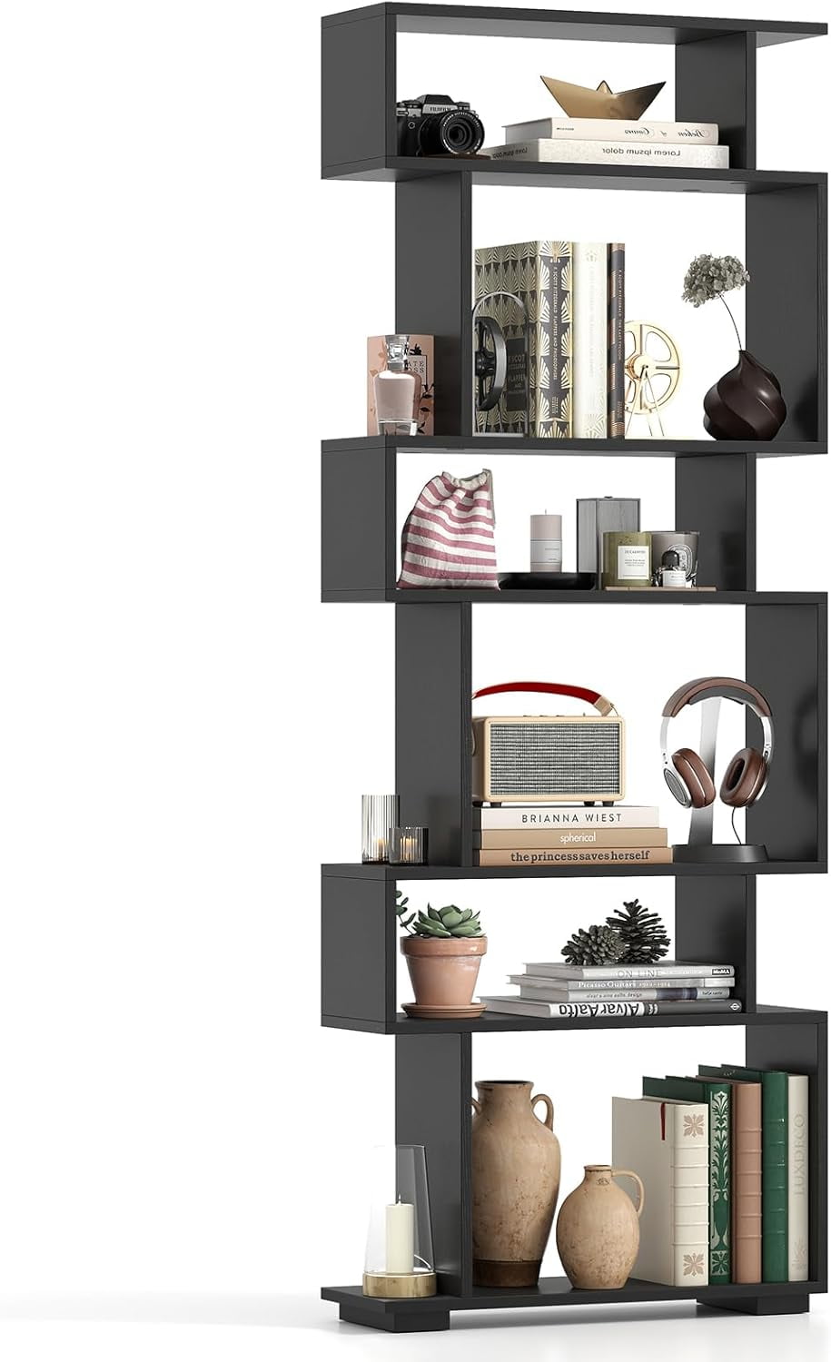 6-Tier S-Shaped Bookshelf, 64" Freestanding Geometric Bookcase, Home ...