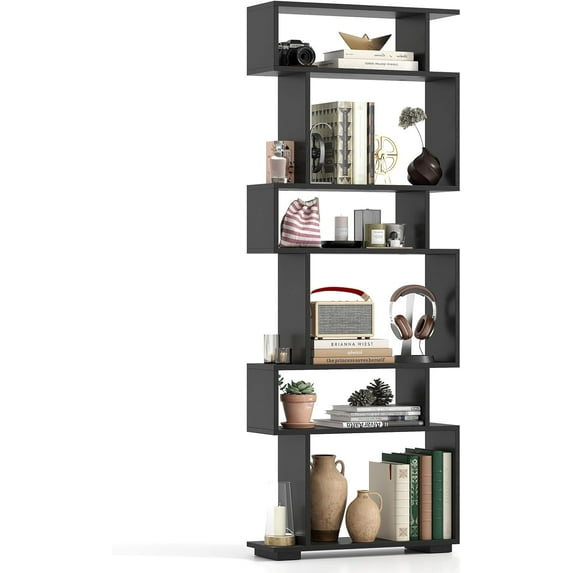 6-Tier S-Shaped Bookshelf, 64" Freestanding Geometric Bookcase, Home ...