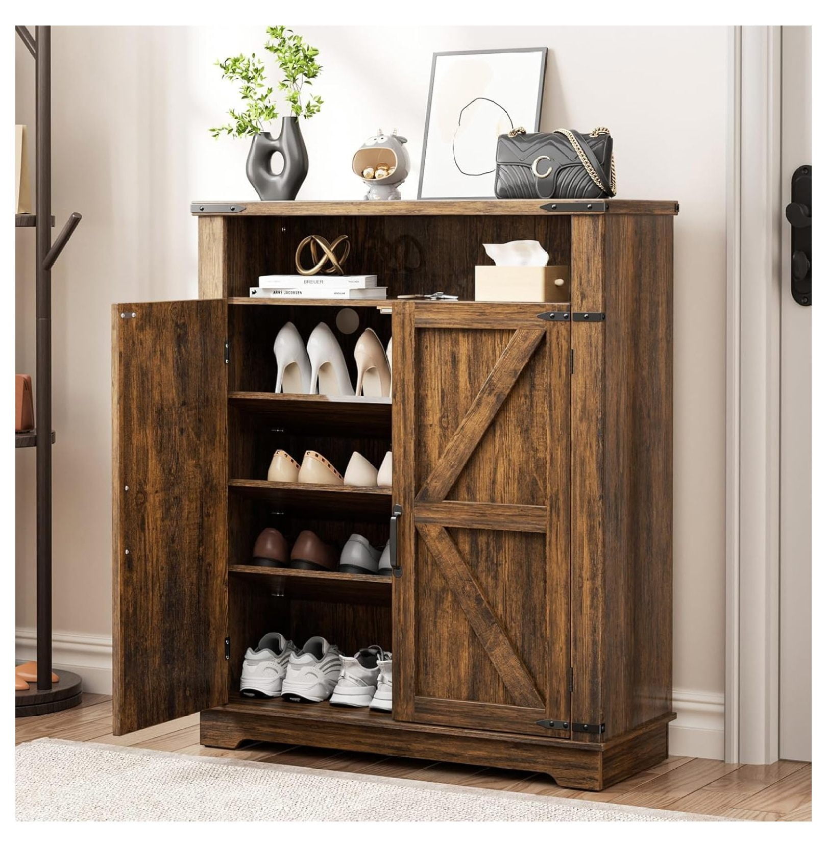 6-Tier Shoe Cabinet with Doors, Entryway Shoe Rack Wooden Shoe Storage ...