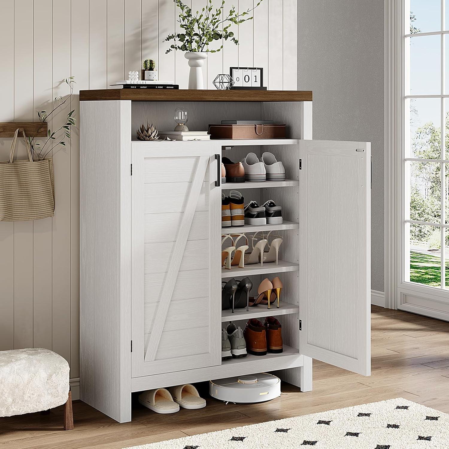 6-Tier Shoe Cabinet with Doors, Farmhouse Shoe Storage Cabinet with ...