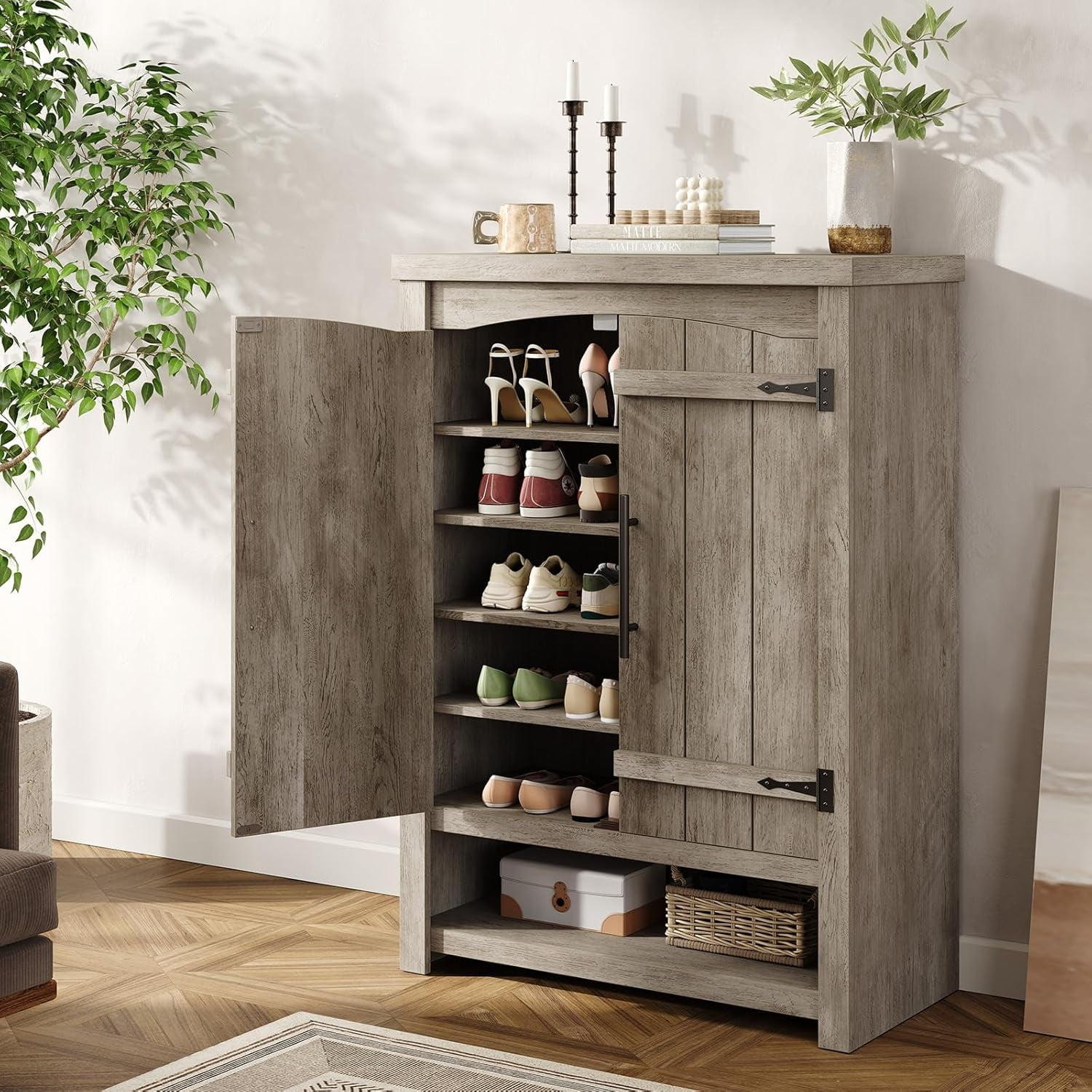 6-Tier Shoe Cabinet with Doors, Farmhouse Shoe Storage Cabinet with ...