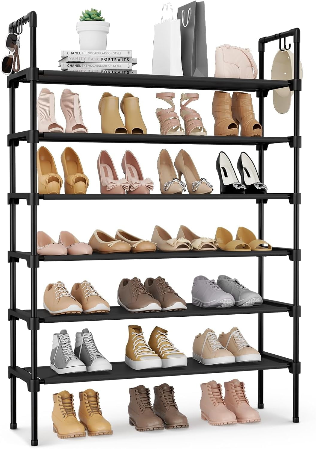 6 Tier Shoe Rack for Closet Shoe Organizer with 5 Hooks, Long Shoe ...