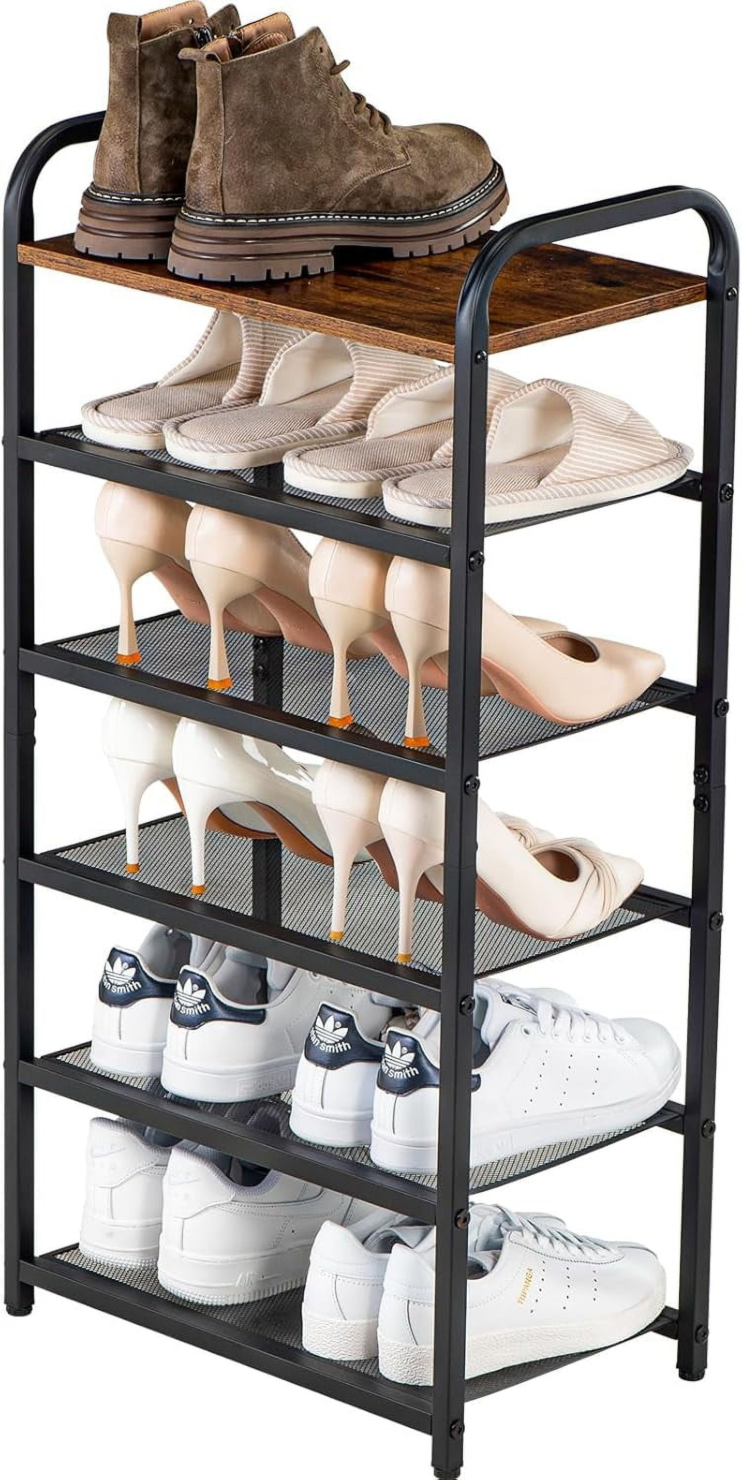 6-Tier Shoe Rack, with Heavy-Duty Metal Grid, Rustic Wooden Top ...