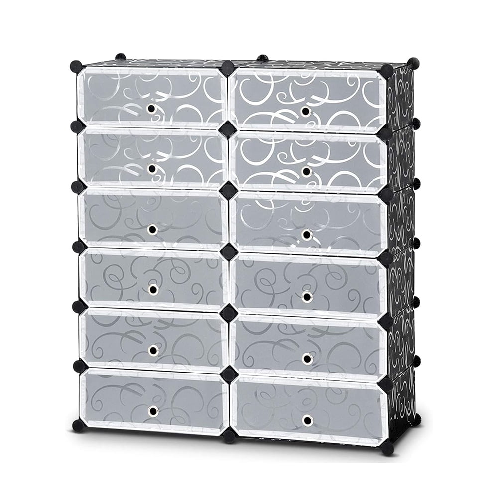 6-Tier Shoe Storage Cabinet, 12-Cube Plastic Organizer with Clear Doors ...