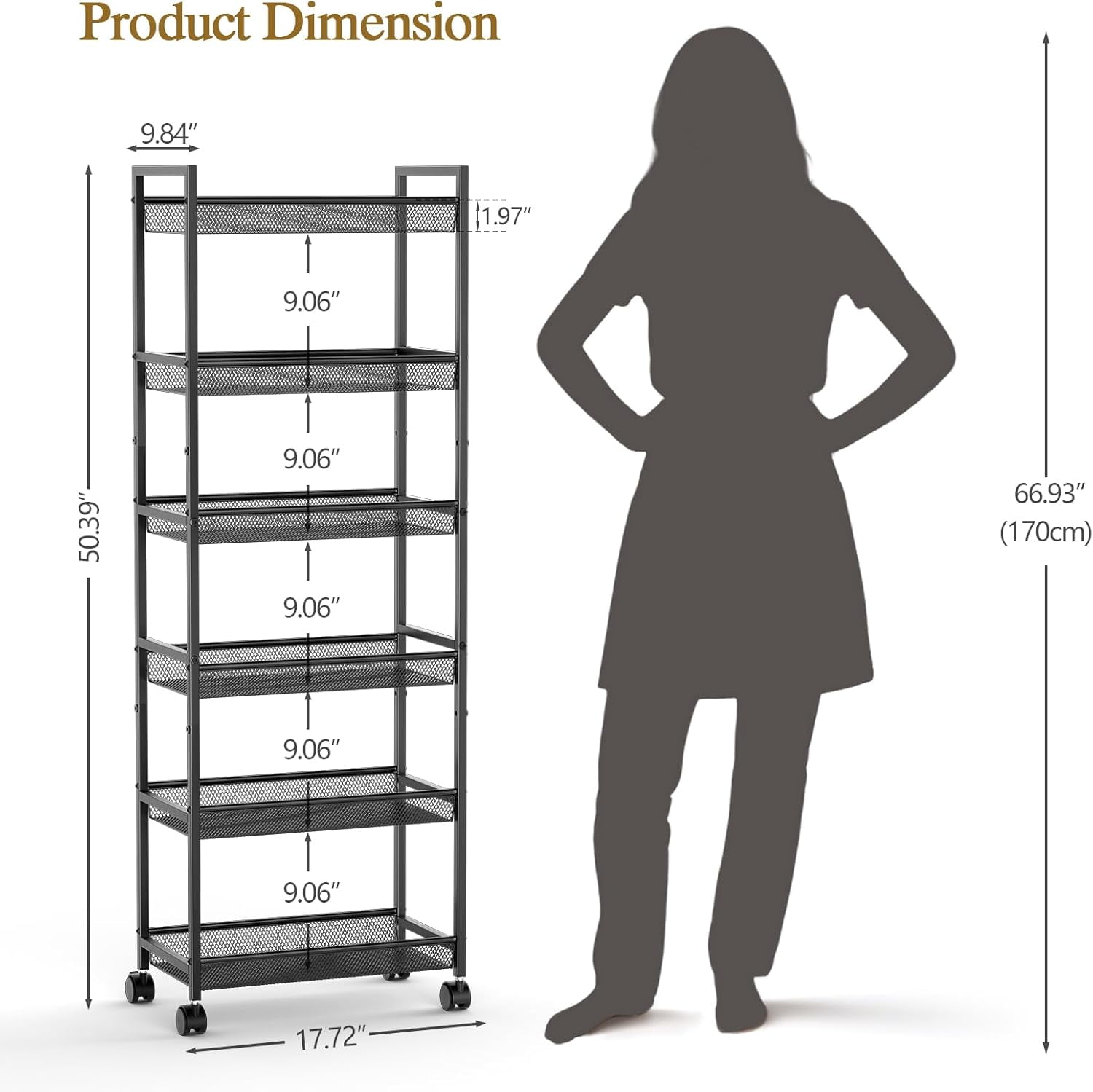6 Tier Slim Rolling Storage Cart, Narrow Mobile Shelving Unit with ...