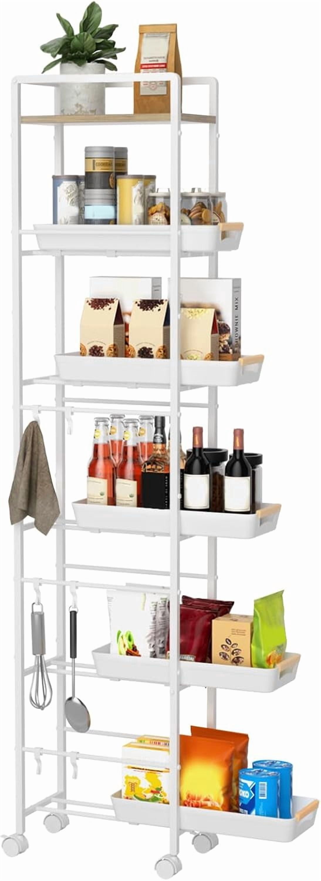 6 Tier Slim Rolling Storage Cart with Pull-Out Baskets Wood Top Metal ...