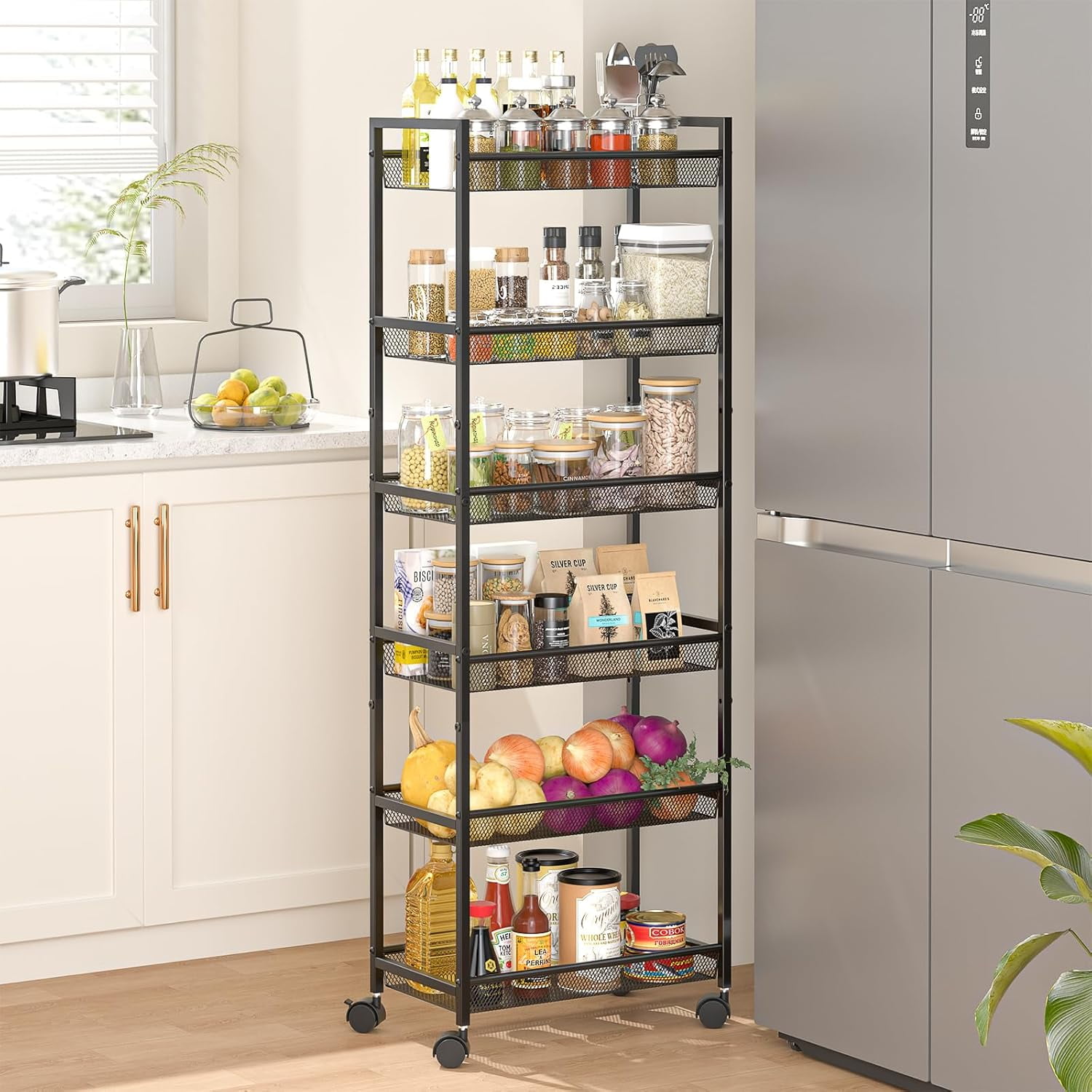 6 Tier Slim Storage Cart Narrow Cart with Wheels Metal Mobile Shelving ...