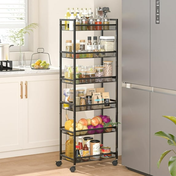 6 Tier Slim Storage Cart Narrow Cart with Wheels Metal Mobile Shelving ...