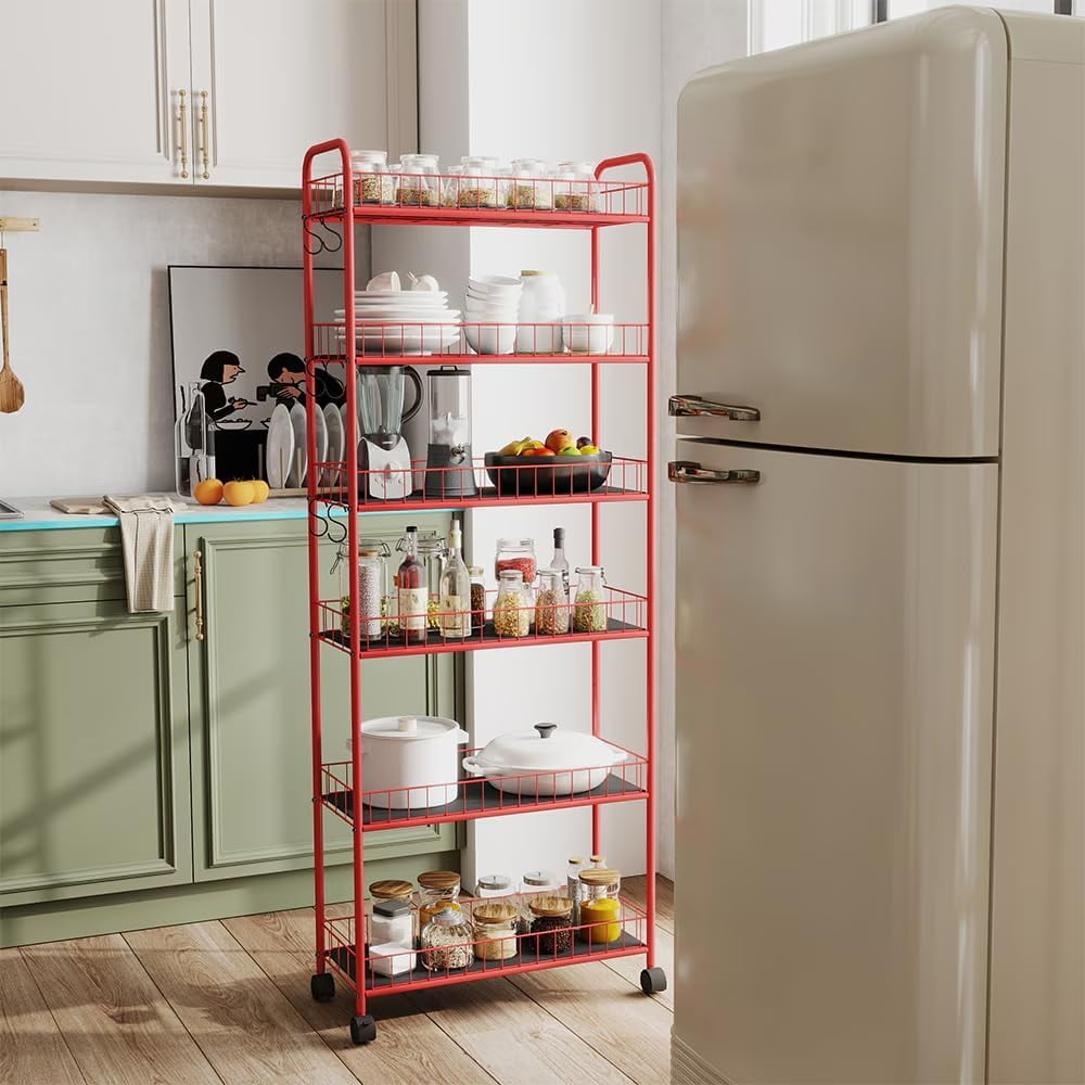 6 Tier Slim Storage Cart Rolling Utility, 10" Mobile Shelving Unit with ...