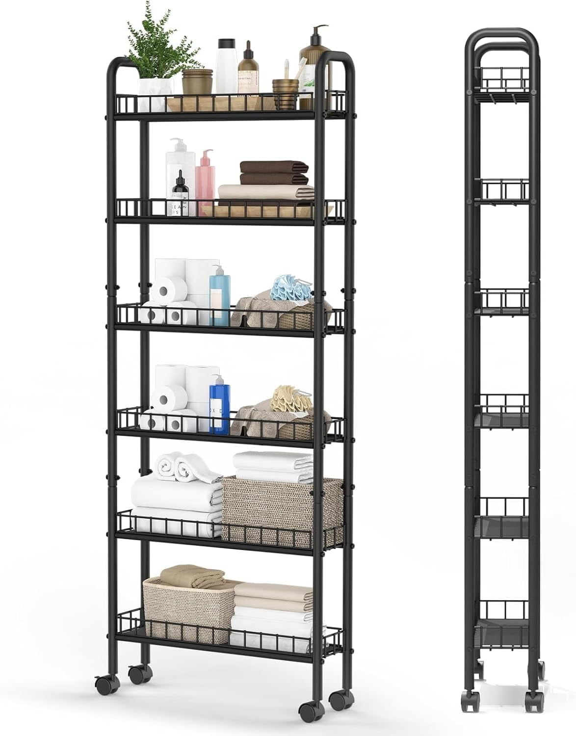 6 Tier Slim Storage Cart with Wheels, Slim Shelving Shelf for Small ...
