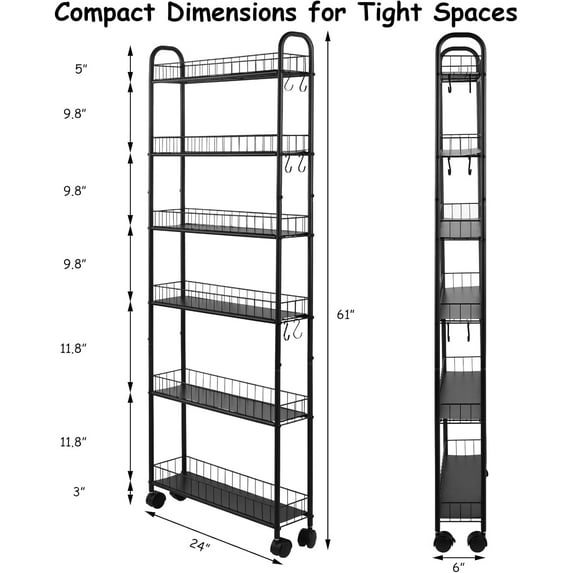 6 Tier Slim Storage Cart with Wheels - Metal Rolling Organizer Utility ...