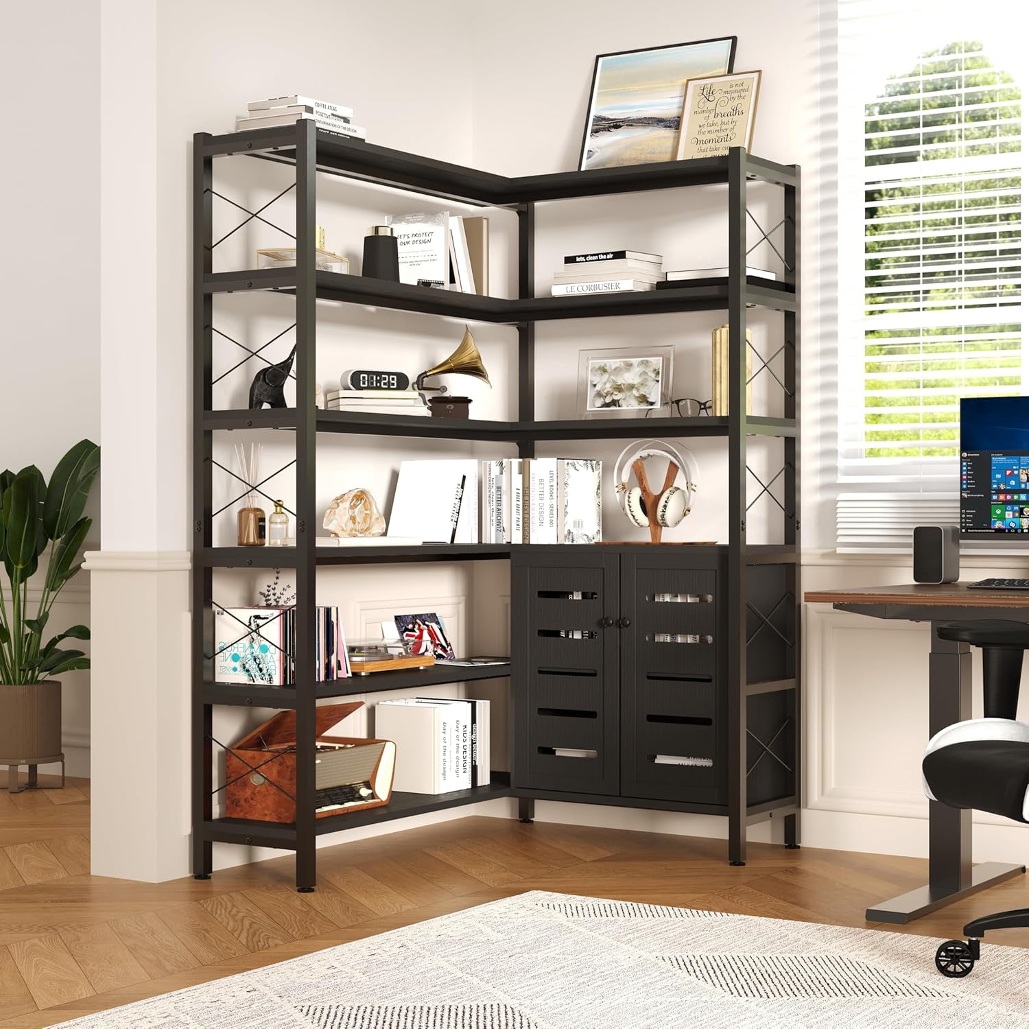 6 Tier Small Corner Bookshelf with Storage Cabinet,L Shaped Black ...