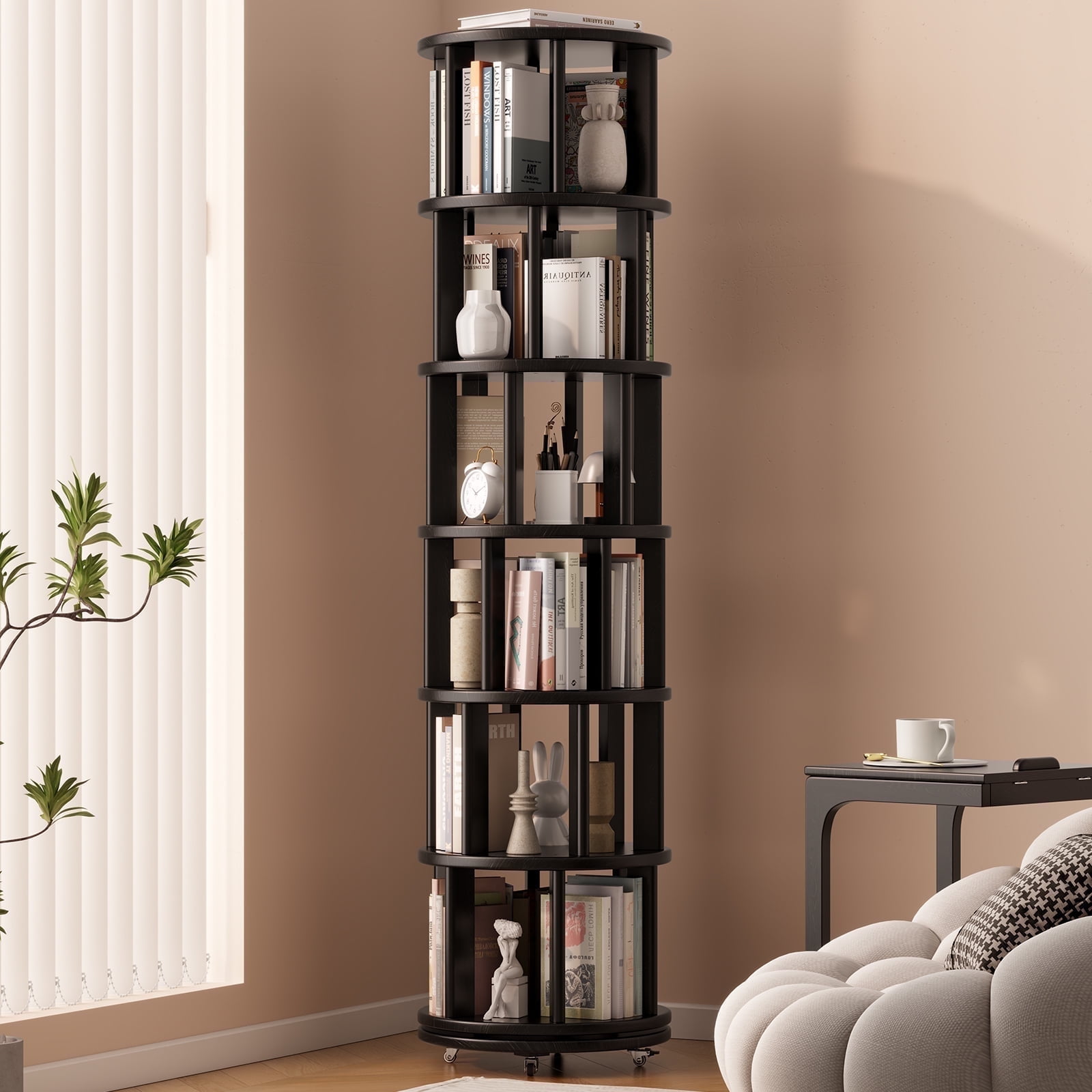 Muwuele 6 Tier Wood Rotating Bookshelf, Round Revolving Bookcase on ...