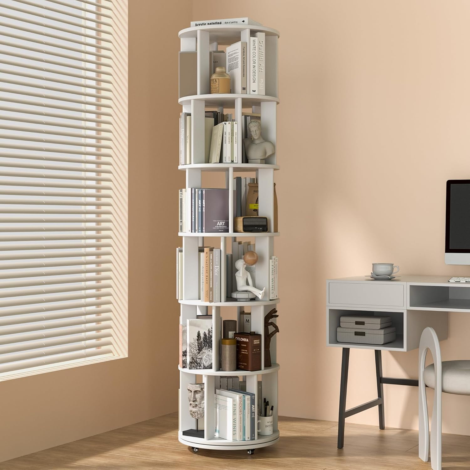 6-Tier Solid Wood Rotating Bookshelf on Wheels – 360° Spinning Book ...
