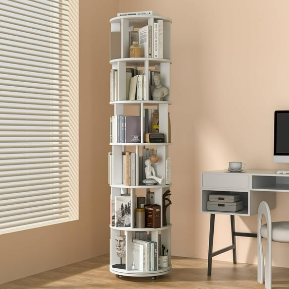 6-Tier Solid Wood Rotating Bookshelf on Wheels – 360° Spinning Book ...
