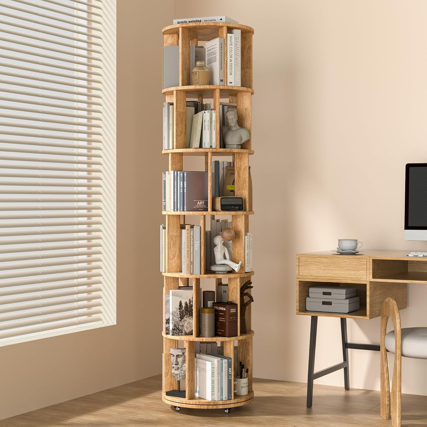 6 Tier Solid Wood Rotating Bookshelf on Wheels 360° Spinning Book Shelf ...