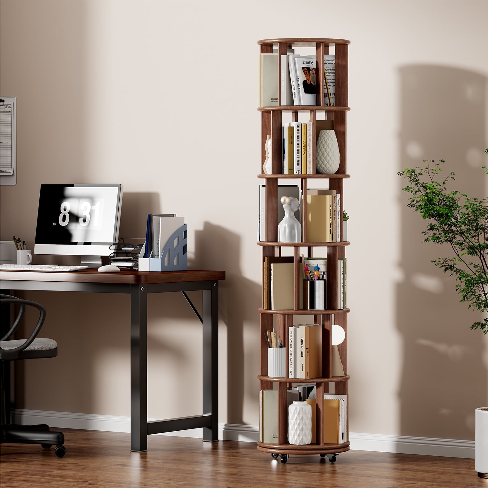 6 Tier Solid Wood Rotating Bookshelf with Wheels, Round Revolving ...
