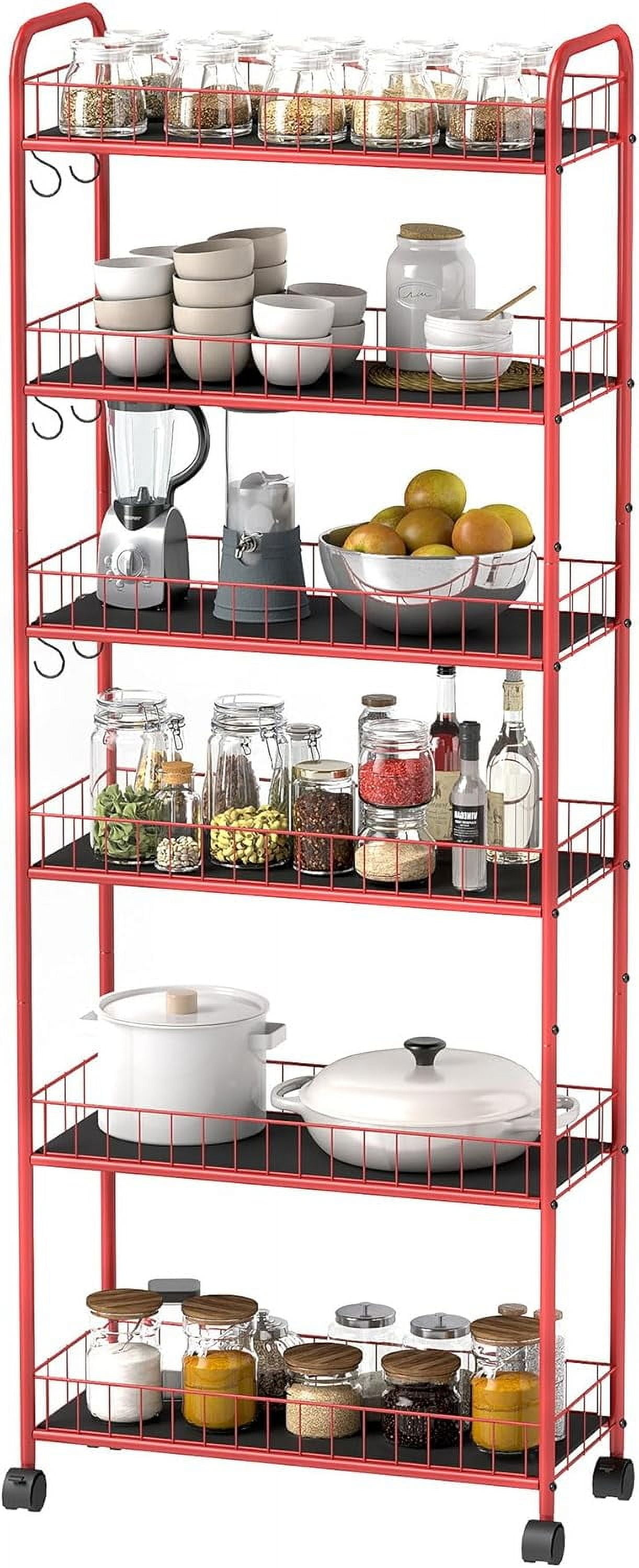6-Tier Storage Cart Wire Slim Shelving Shelf with Wheels for Small ...