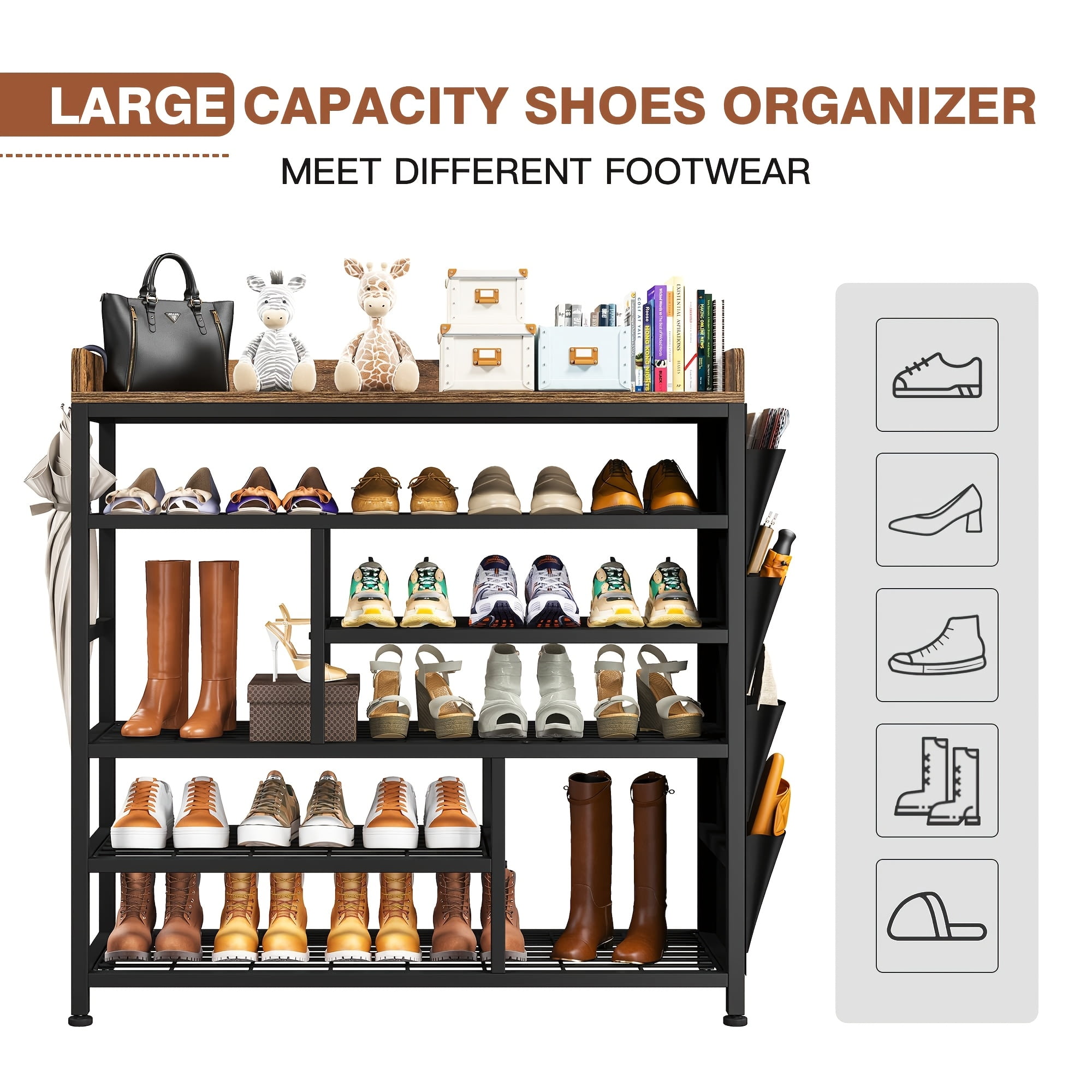 6 Tier Storage Organizer with Side Pockets, Standing Shelf, Metal Shoe ...