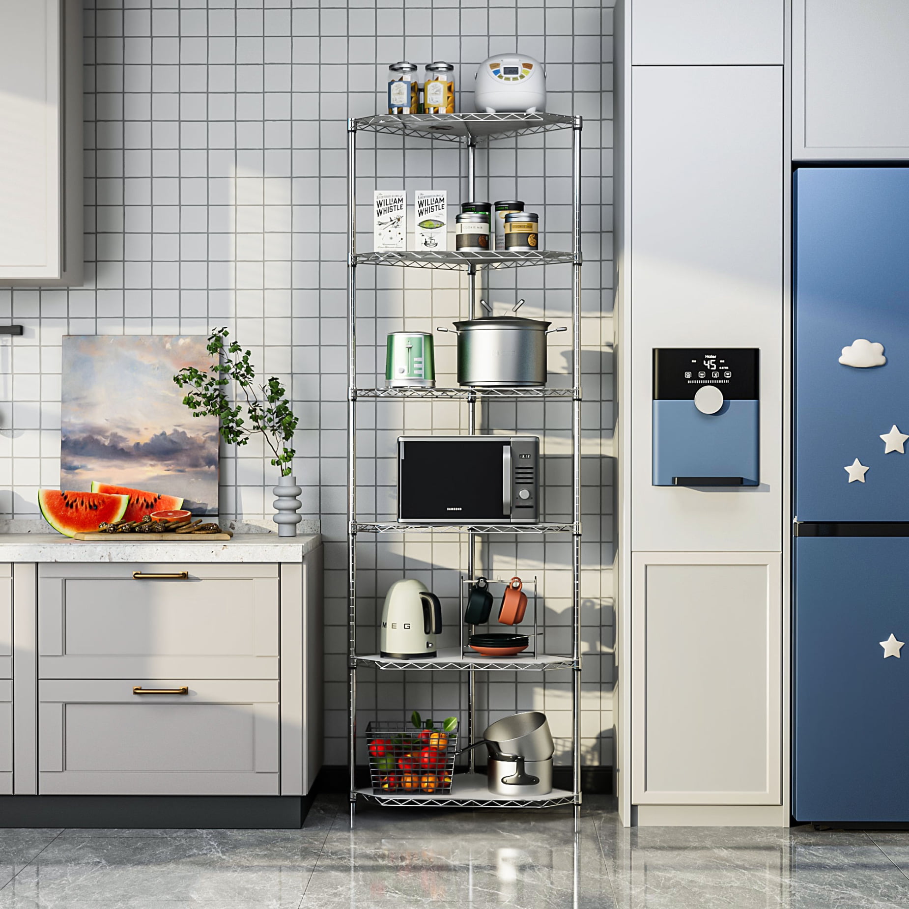 6 Tier Storage Shelves With Height Adjustable, Shelf Corner Wire Shelf ...