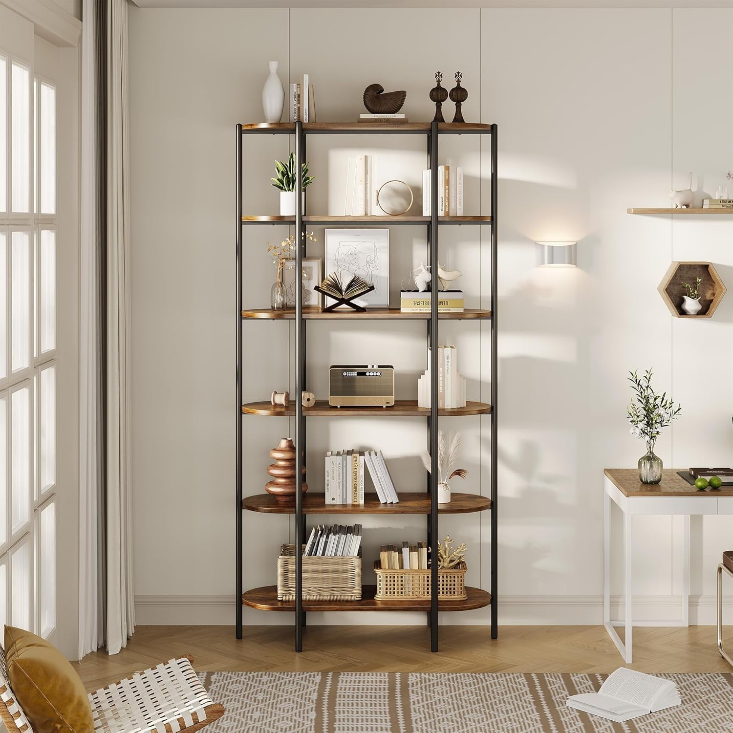 6 Tier Tall Bookshelf, Industrial Bookshelves Oval Vintage Bookshelf ...