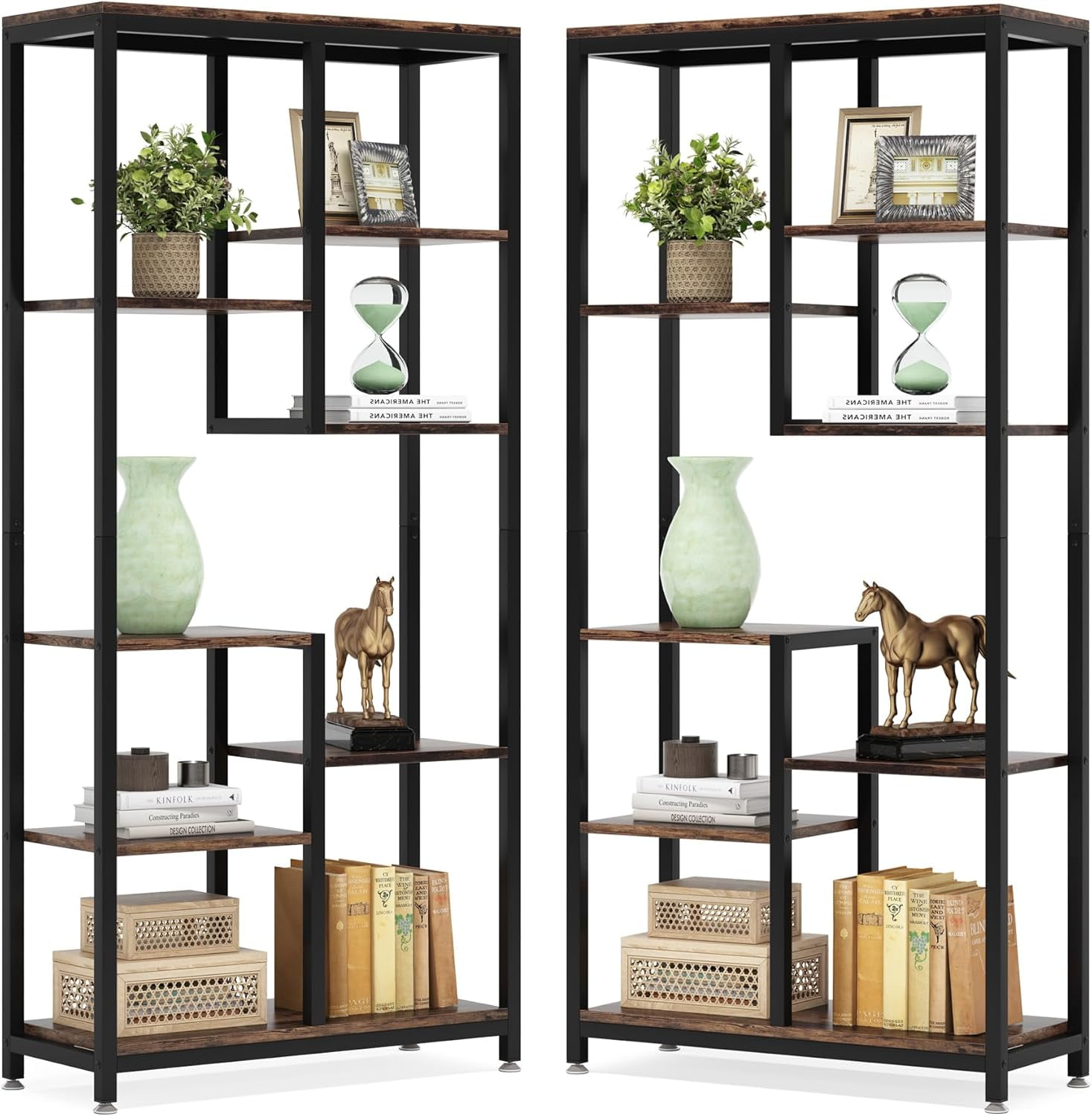 6-Tier Tall Bookshelf Set of 2, Industrial 8-Shelf Open Bookcase ...