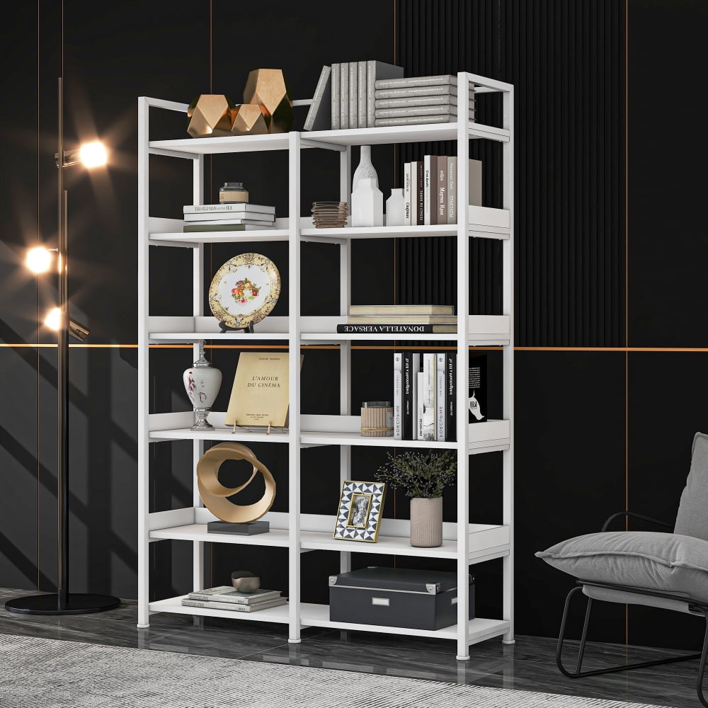 6 Tier Tall Bookshelf, Stainless Steel Frame Freestanding Open Storage ...