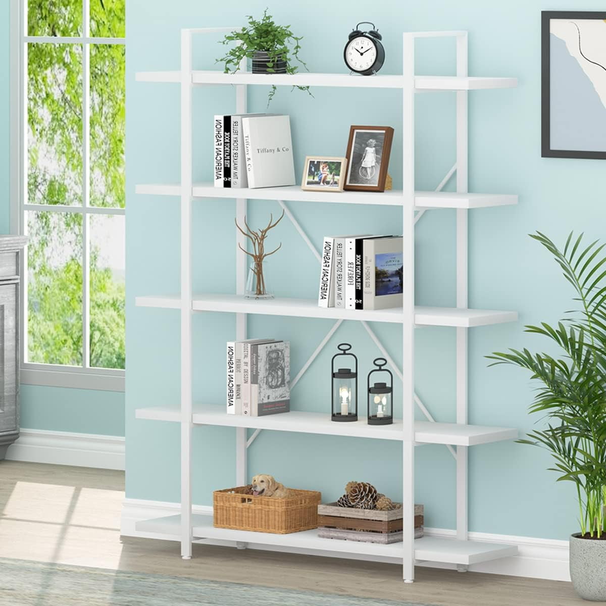 6 Tier Tall Bookshelf Vertical Metal and Wood 6 Shelf Farmhouse Open ...