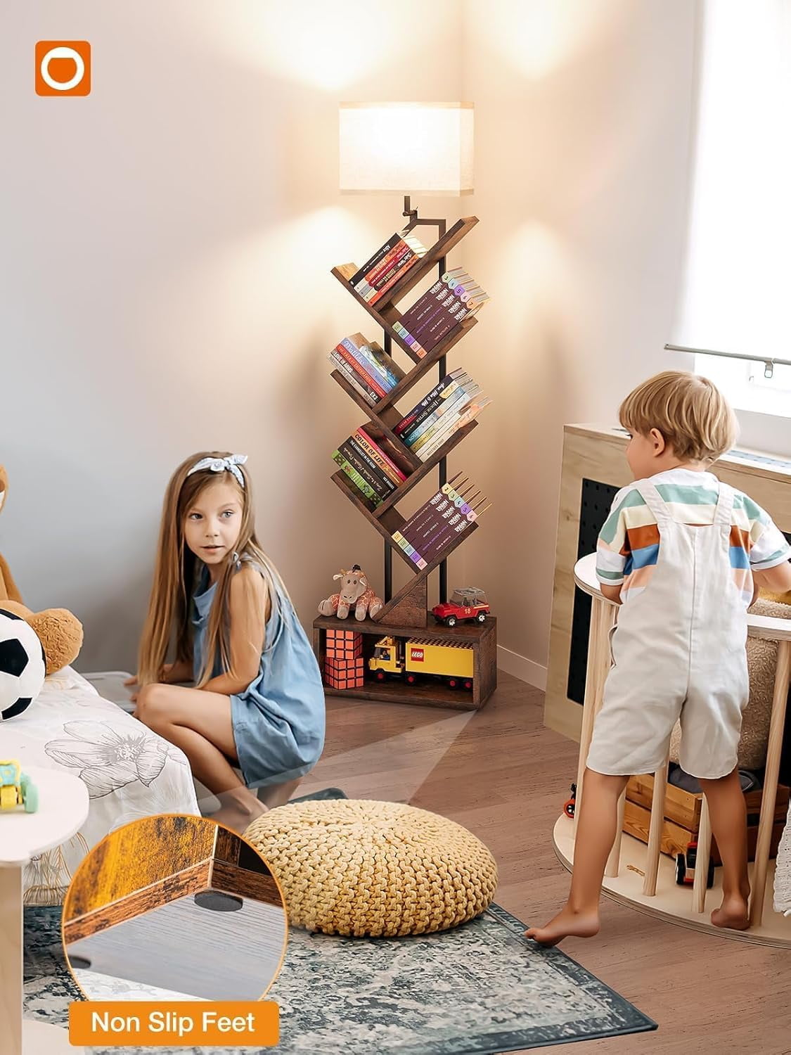 6-Tier Tree Book Shelf with LED Light, Steel&Wood Bookshelf with ...