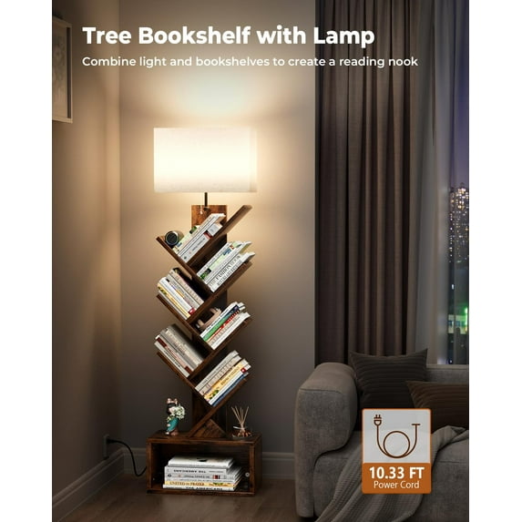 6-Tier Tree Bookshelf with LED Light, Narrow Tall Floor Standing ...