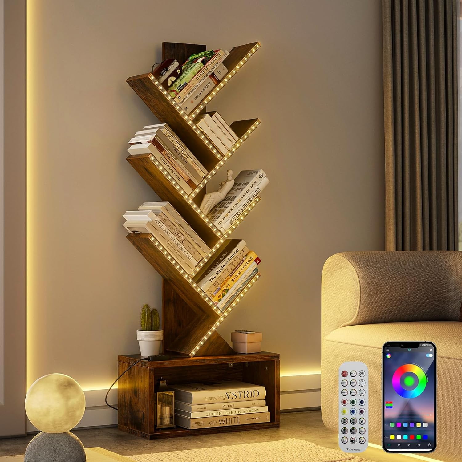6 Tier Tree Bookshelf with LED Light, Vertical Bookcase Tower with ...