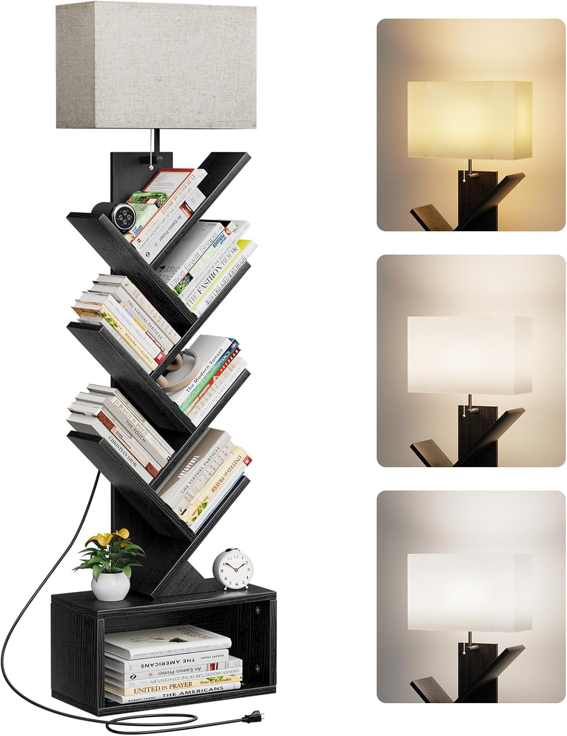 6 Tier Tree Bookshelf with Light, Narrow Bookcase Tower, Tall Floor ...