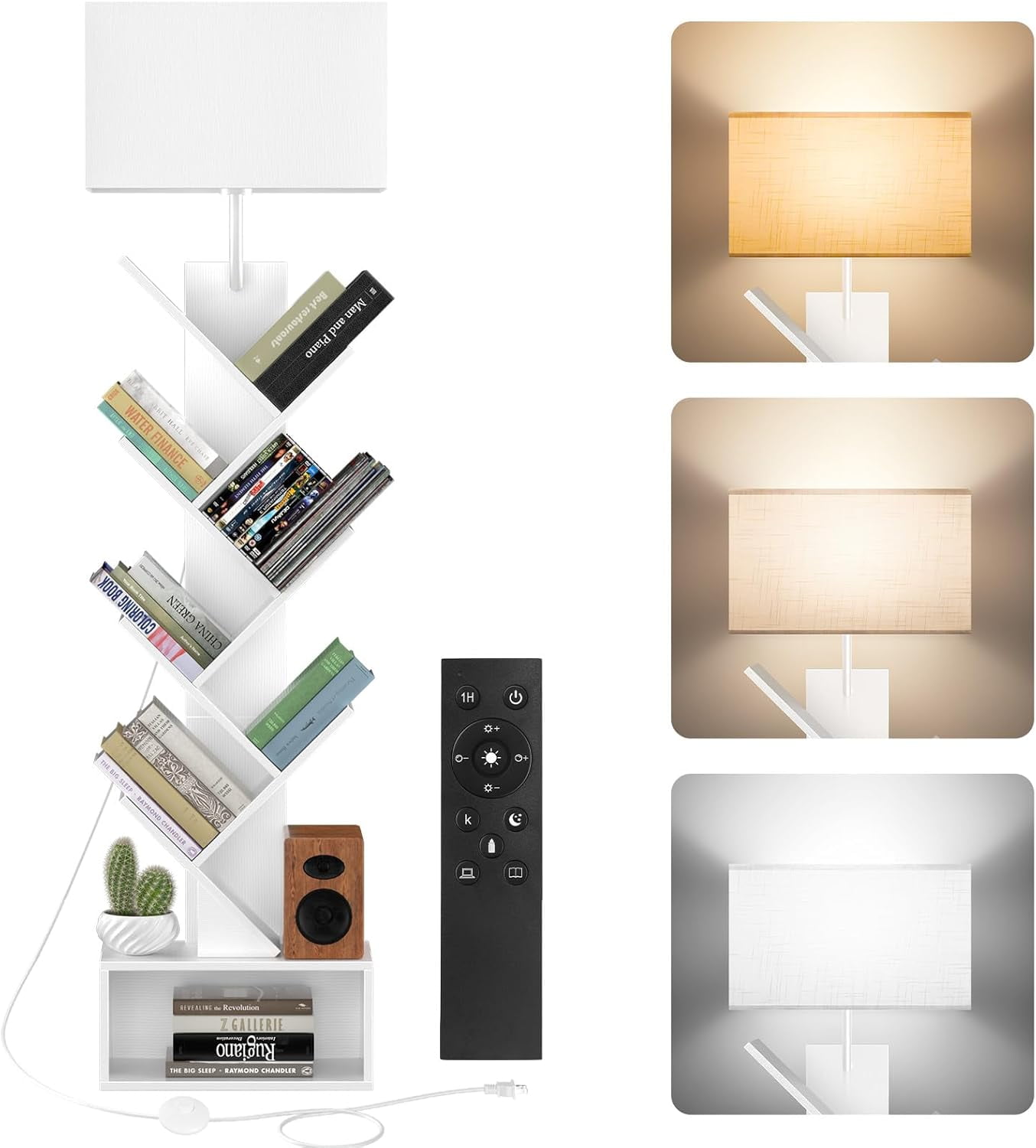 6 Tier Tree Bookshelf with Light & Remote, Small Bookcase with Storage ...