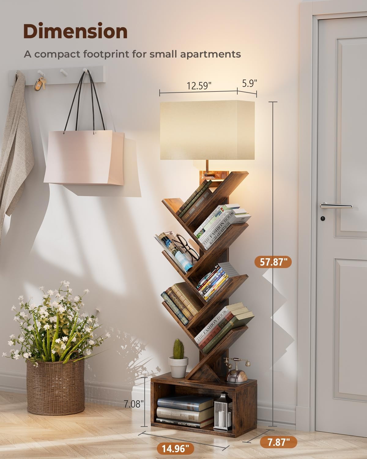 6 Tier Tree Bookshelf Narrow Bookcase Tower Floor Standing Rustic Brown ...