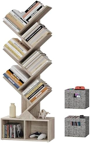 6 Tier Tree Bookshelf, Small Bookcase with Storage Cabinet, Modern Tall ...
