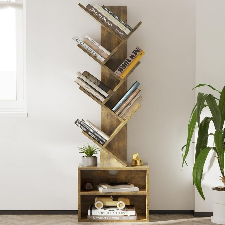 6 Tier Tree Bookshelf Small Bookcase with Storage Cabinet Modern Tall Narrow Bookshelves Organizer Floor Standing Book Shelf for Bedroom Living