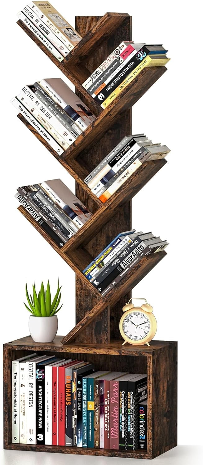 6 Tier Tree Bookshelf, Sturdy Retro Floor Standing Wood Bookcase ...