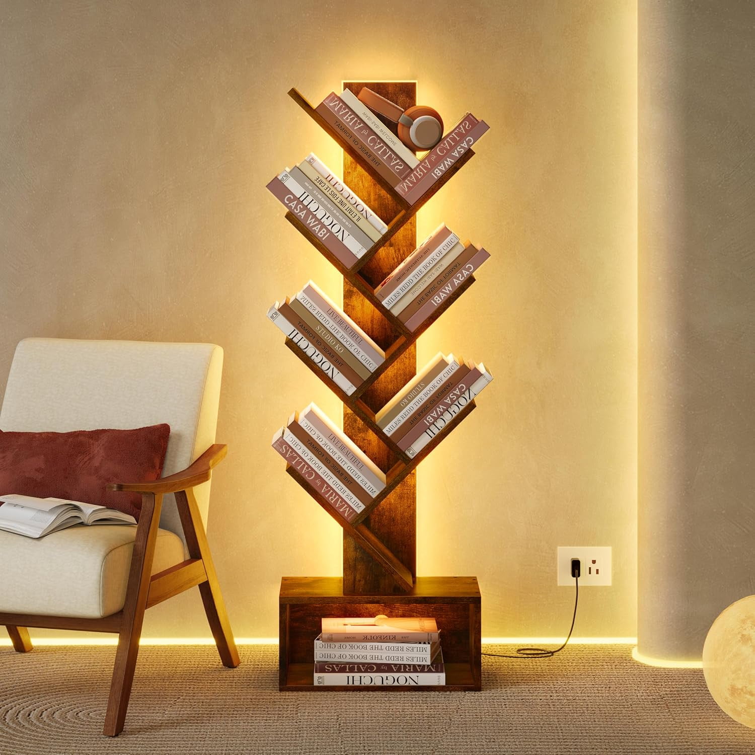 6 Tier Tree Bookshelf, Tall Bookcase, Freestanding Book Shelf with LED ...